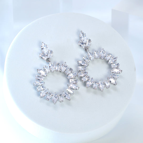 Luxurious Diamond Silver Hoop Dangle Earrings , Long Hoop Bridal Jewel ...