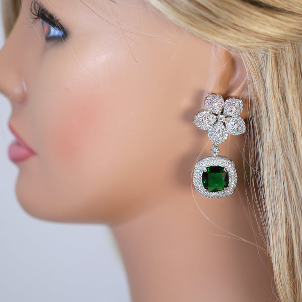 Cz Floral Emerald Colored Crystal/Green Drop Diamond earrings Long Bri ...