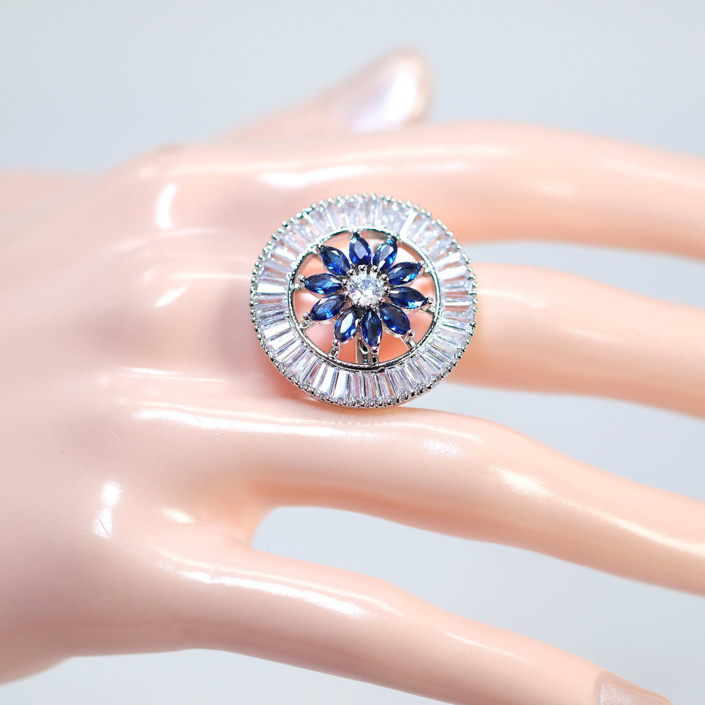 Swarovski Crystal Silver Blue Floral Large Statement Ring, Engagement ...