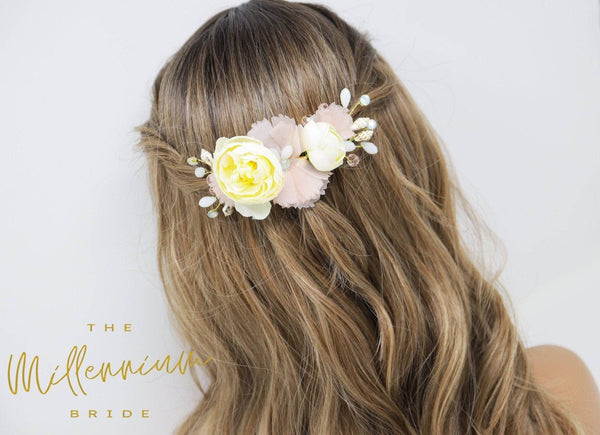 Swarovski Crystals Shells Pink Yellow flower Bridal Hair piece, Bridal ...